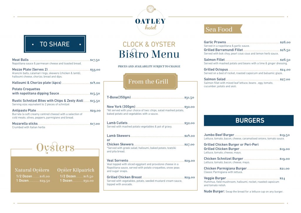 Our menu - Oatley Hotel